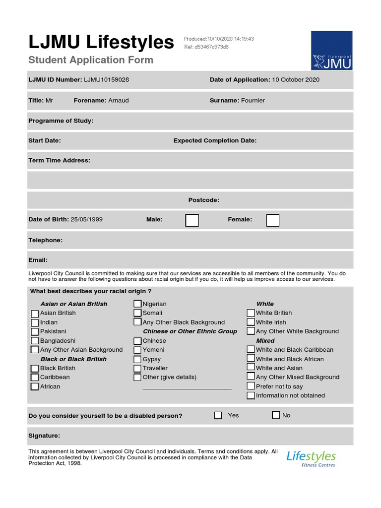 LJMU Lifestyles: Student Application Form | Download Free PDF | Race ...