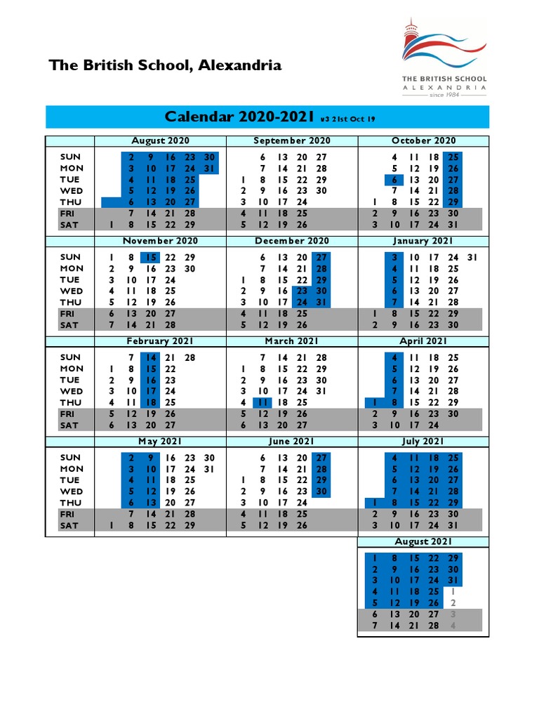 The British School, Alexandria Calendar 2020-2021: SUN MON TUE WED THU ...