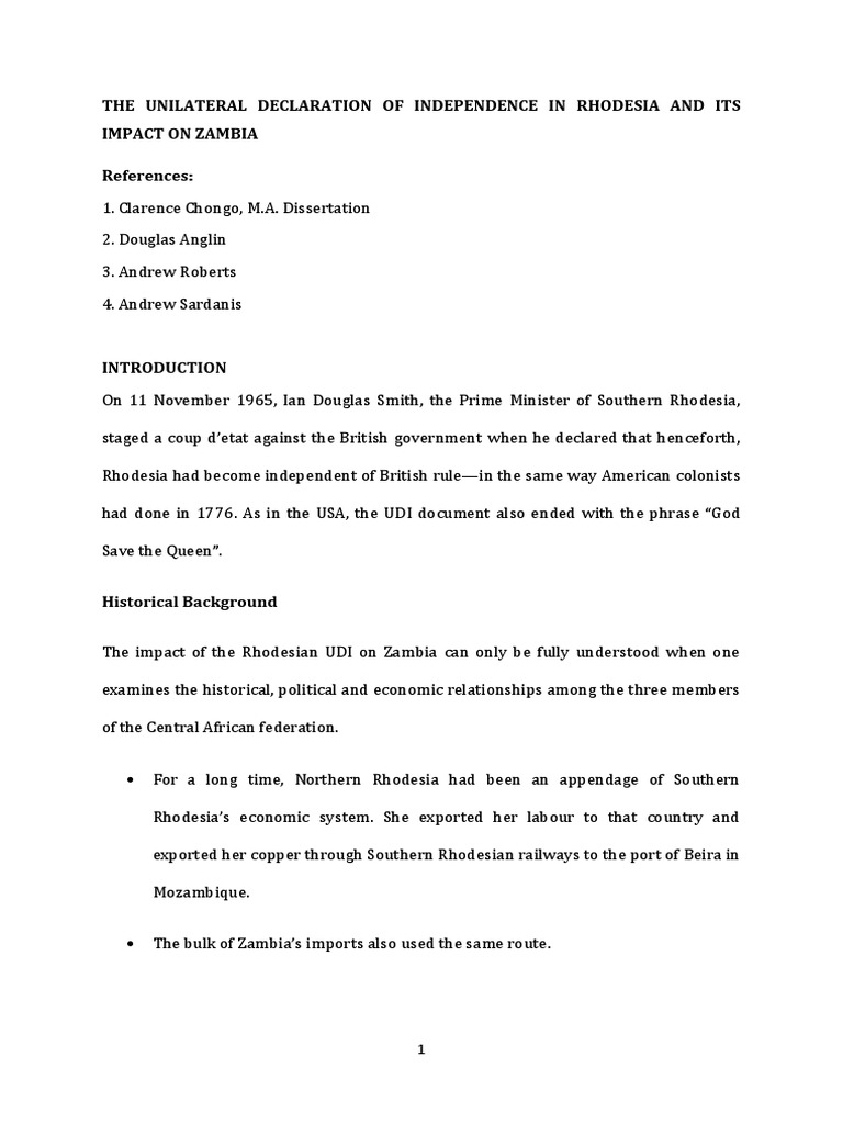 The Unilateral Declaration of Independence in Rhodesia and Its Impact ...