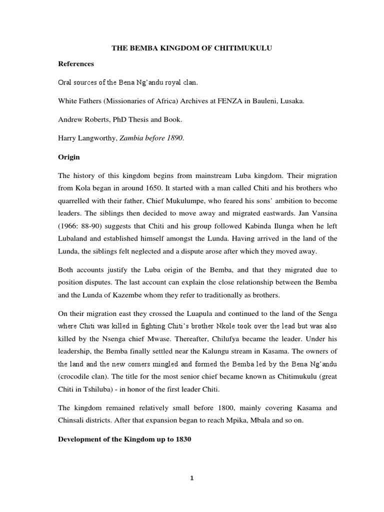 The Bemba Kingdom of Chitimukulu | PDF