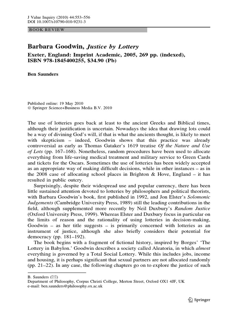 Barbara Goodwin, Justice by Lottery | PDF | Social Equality | Justice