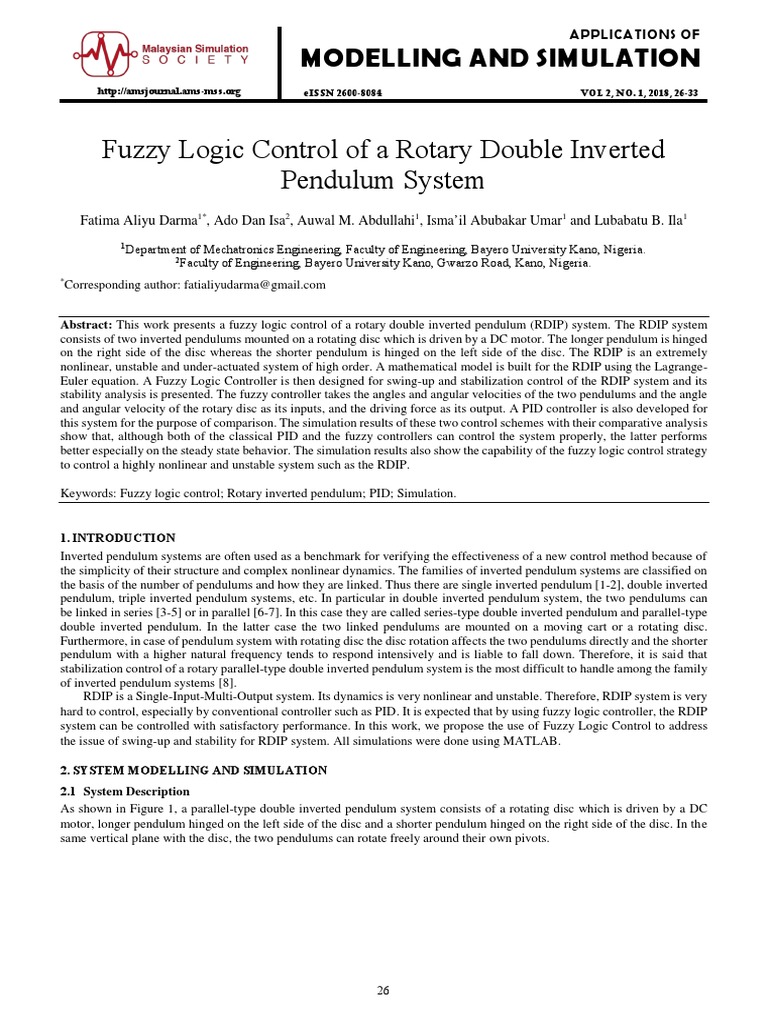 Fuzzy Logic Control of A Rotary Double Inverted Pendulum System | PDF ...