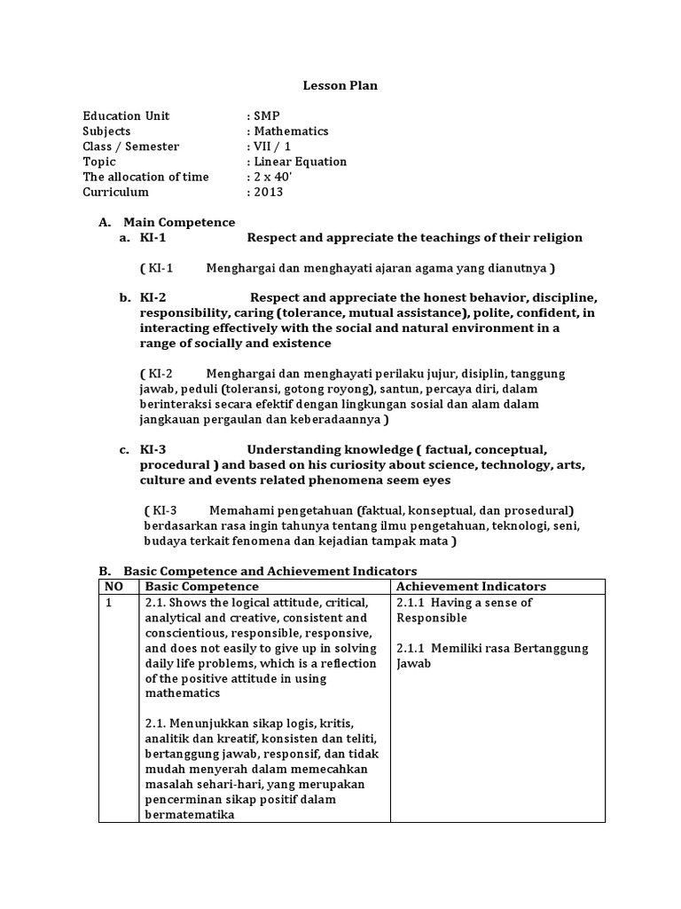 Lesson Plan Direct Instruction Linear Eq | PDF | Equations | Attitude ...
