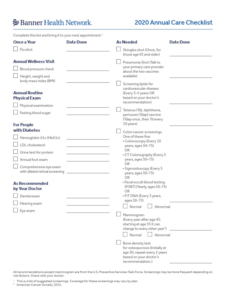 Annual Care Checklist - 2020 | PDF | Medicine | Clinical Medicine