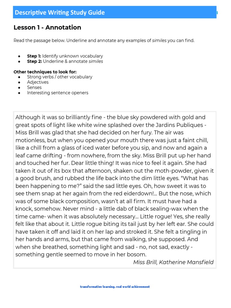 Deer 2 Unit 4 Study Guide - Descriptive Writing | PDF