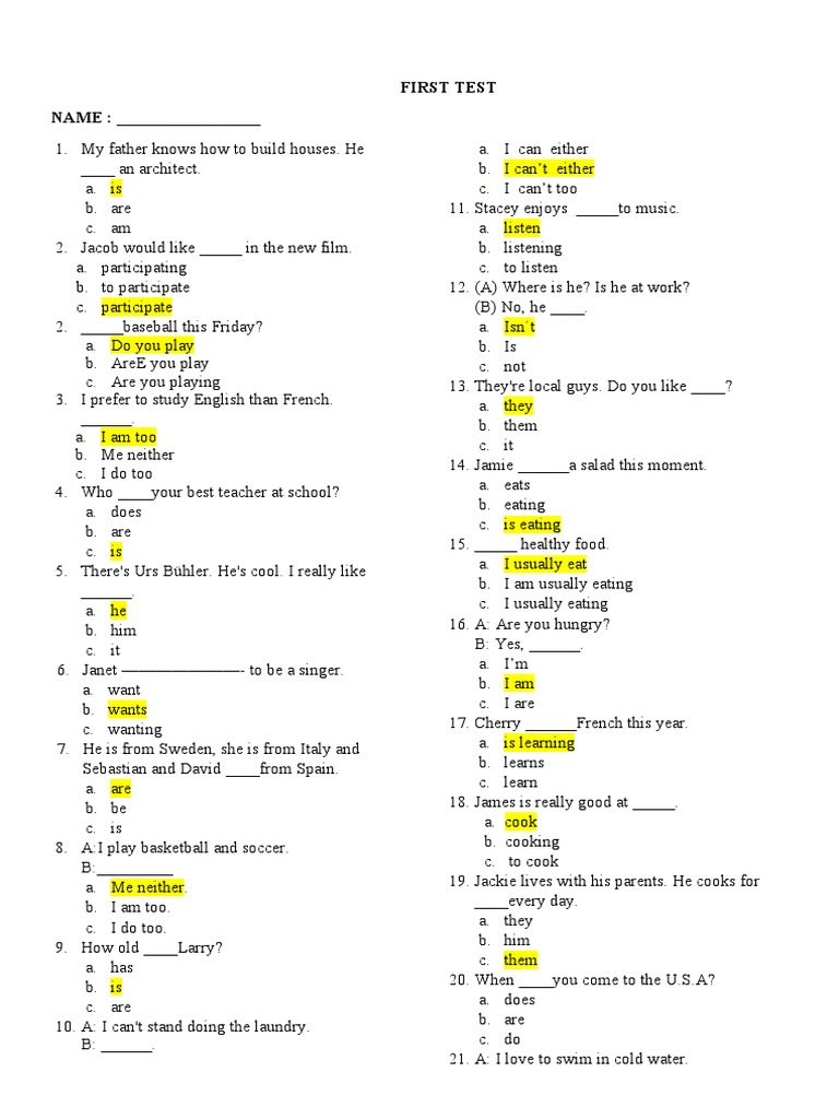 First Test NAME | PDF | Foods