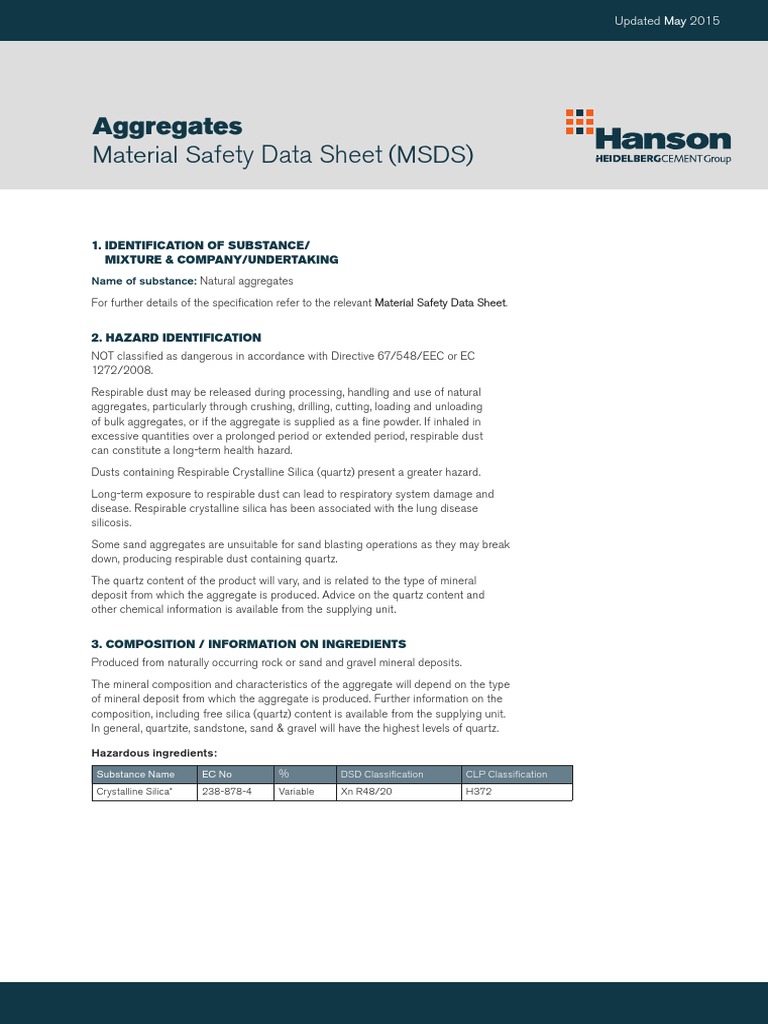Material Safety Data Sheet (MSDS) : Aggregates | PDF | Personal ...