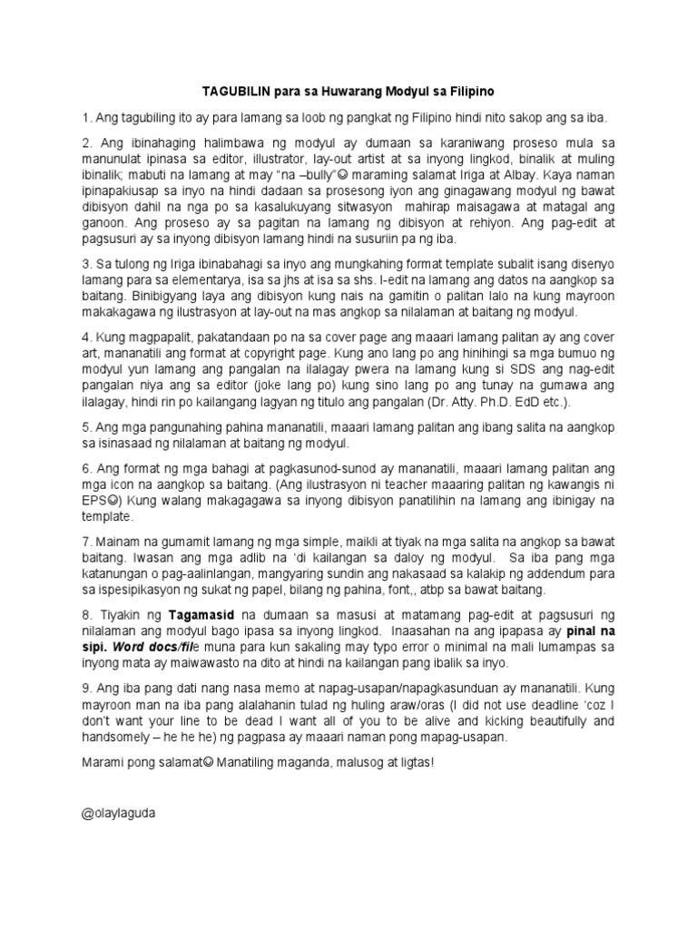 TAGUBILIN para Sa Huwarang Modyul Sa Filipino | PDF