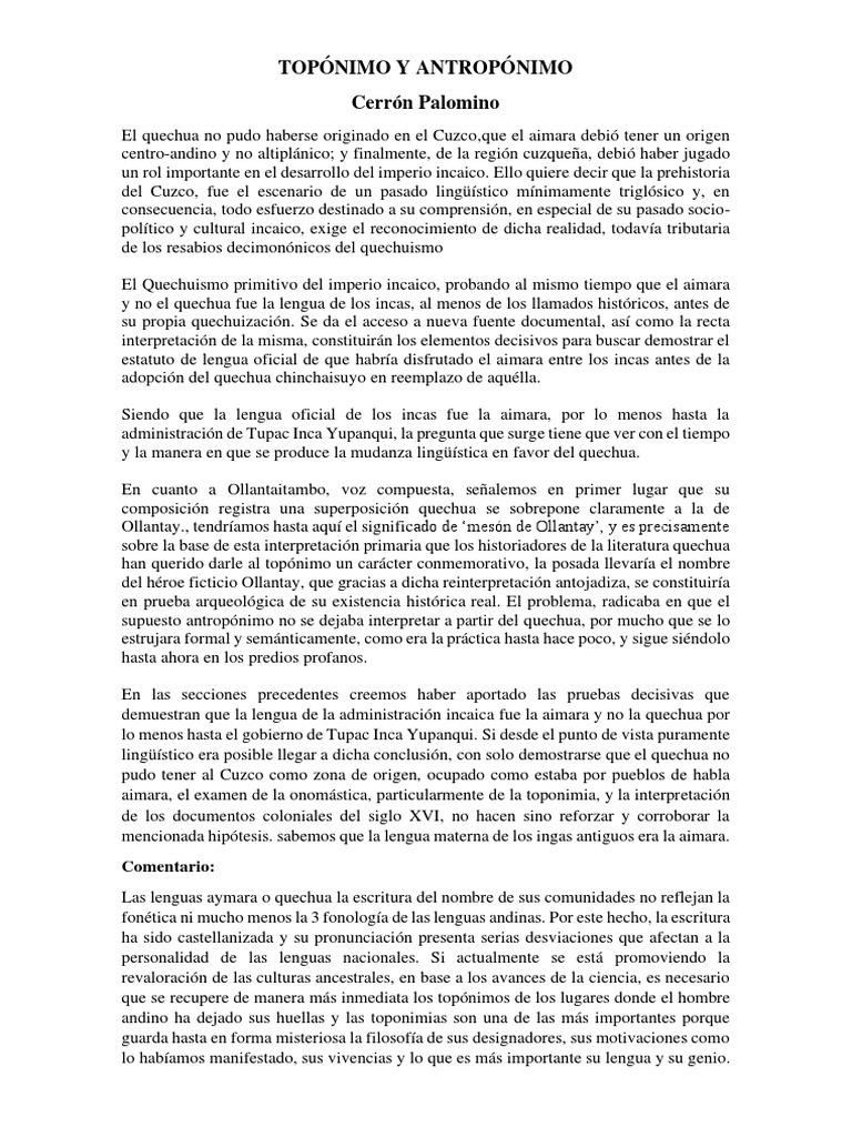 Topónimo y Antropónimo - Cerron Palomino | PDF | Imperio Inca | Escritura