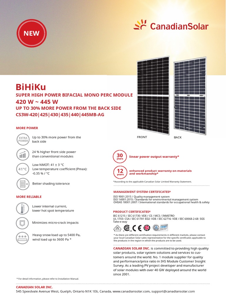 Canadian - Solar Datasheet BiHiKu - CS3W MB AG - EN | PDF | Electric ...