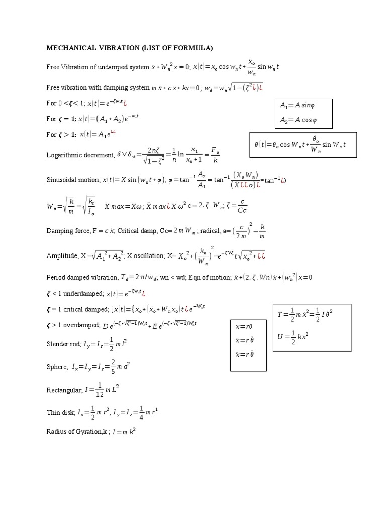 ¨x +W cos w ˙x sin w 1− (ζ) = = ˙ sin W: Mechanical Vibration (List Of ...