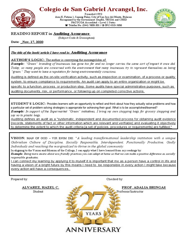 Colegio de San Gabriel Arcangel, Inc.: READING REPORT in Auditing ...