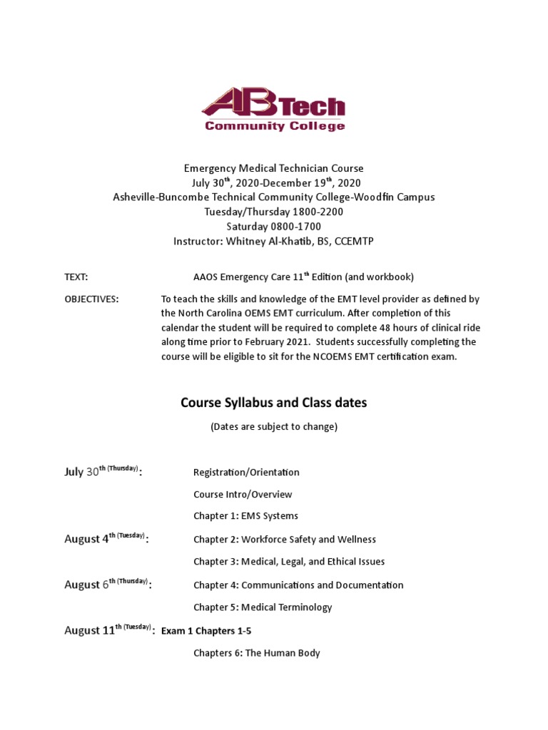 EMT Course Syllabus Overview 2020 | PDF | Emergency Medical Technician ...