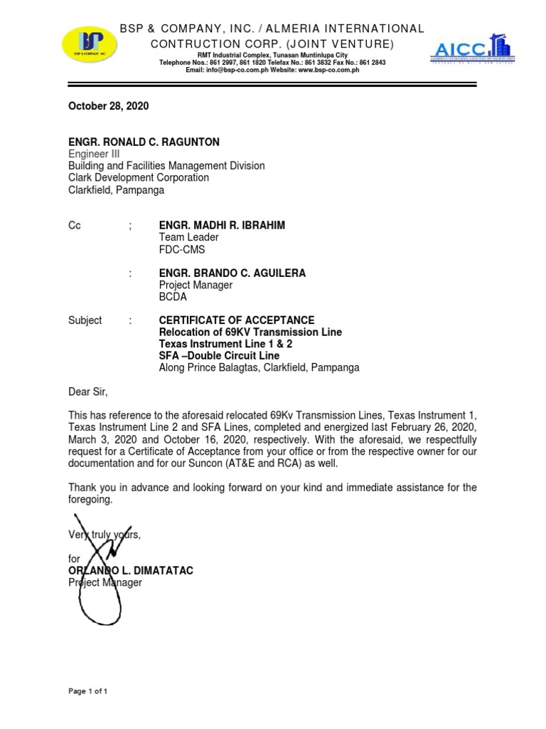 BSP-AICC-BCDA-CC-OA-002 Certificate of Acceptance TI and SFA | PDF