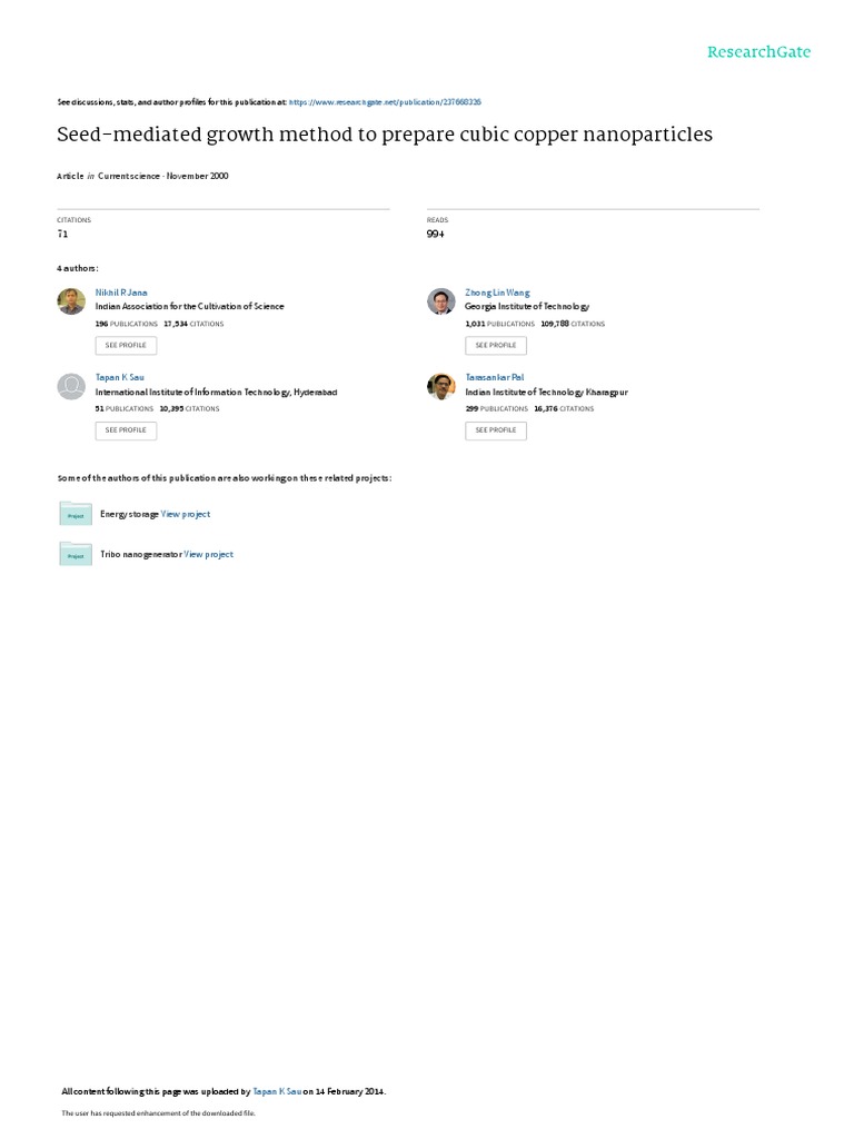 Seed-Mediated Growth Method To Prepare Cubic Coppe | PDF | Nanoparticle ...