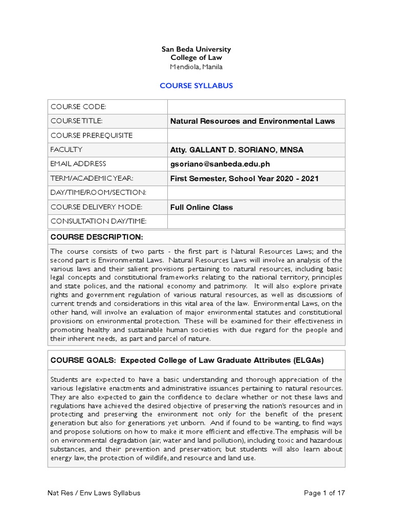 Syllabus (Nat Res - Env Law) | PDF | Environmental Law | Social Institutions
