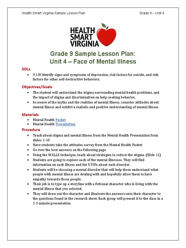 Grade 9 Sample Lesson Plan: Unit 4 - Face of Mental Illness: Sols ...