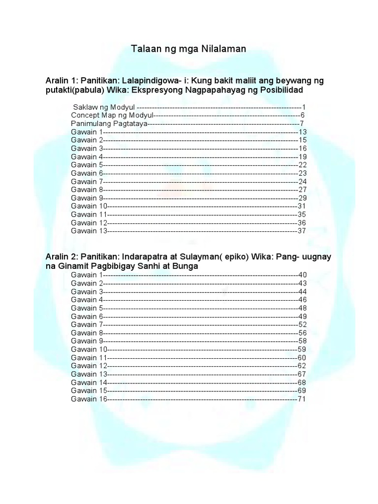 Table of Content Filipino | PDF