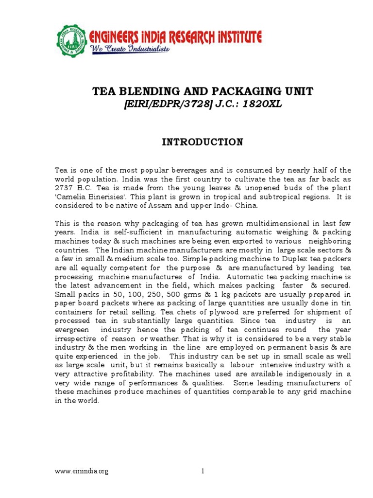 Project Report On Tea Blending and Packaging Unit | PDF | Tea | Water