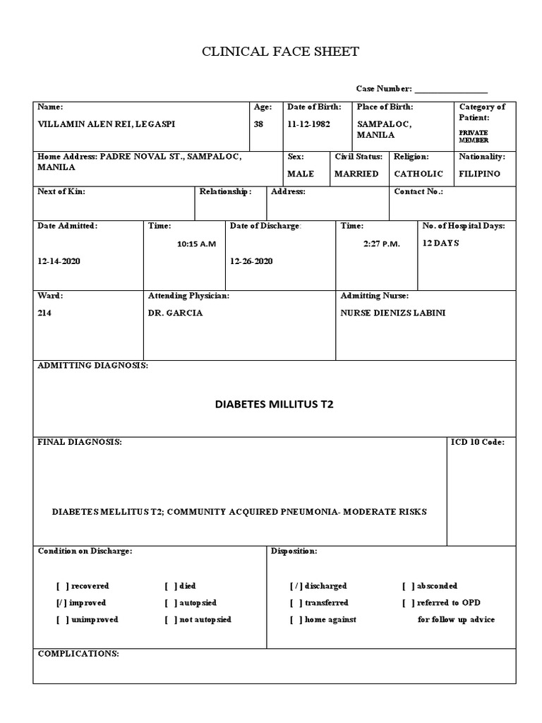 Clinical Face Sheet: Diabetes Millitus T2 | Download Free PDF | Patient ...