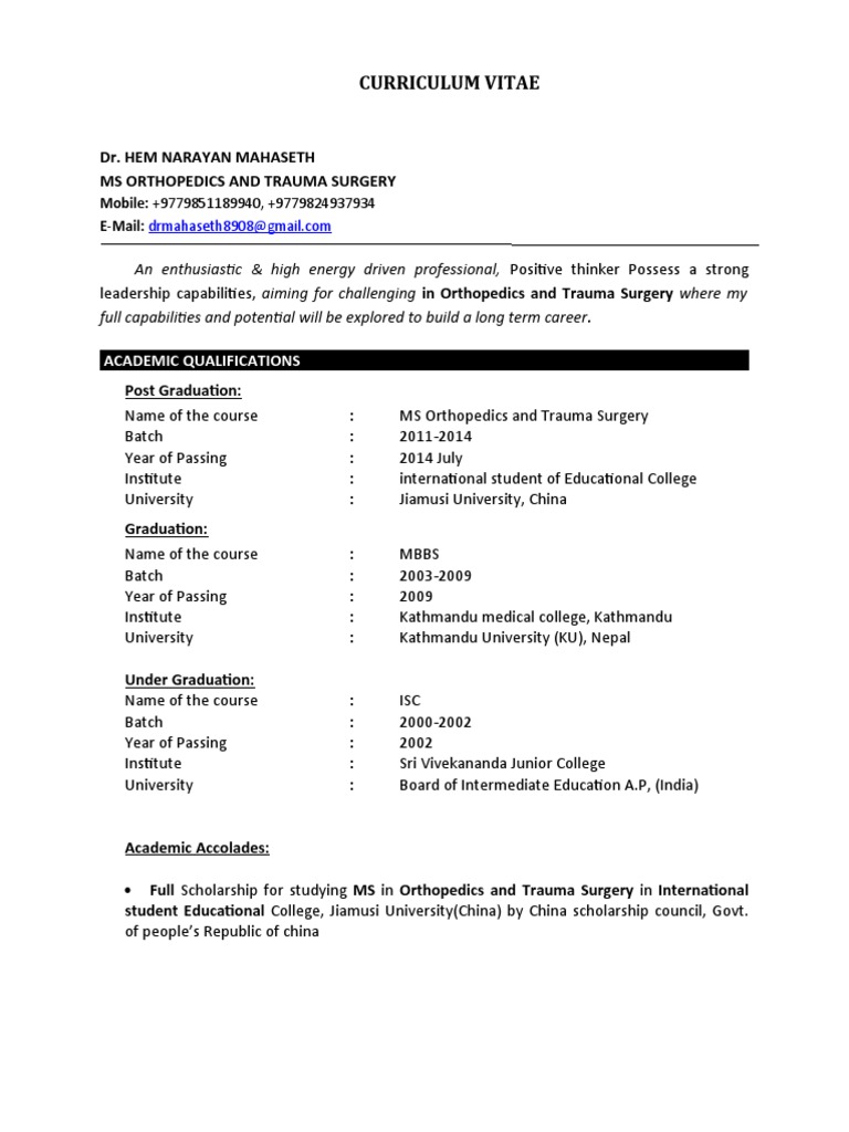 Curriculum Vitae: Dr. Hem Narayan Mahaseth Ms Orthopedics and Trauma Surgery | Download Free PDF ...
