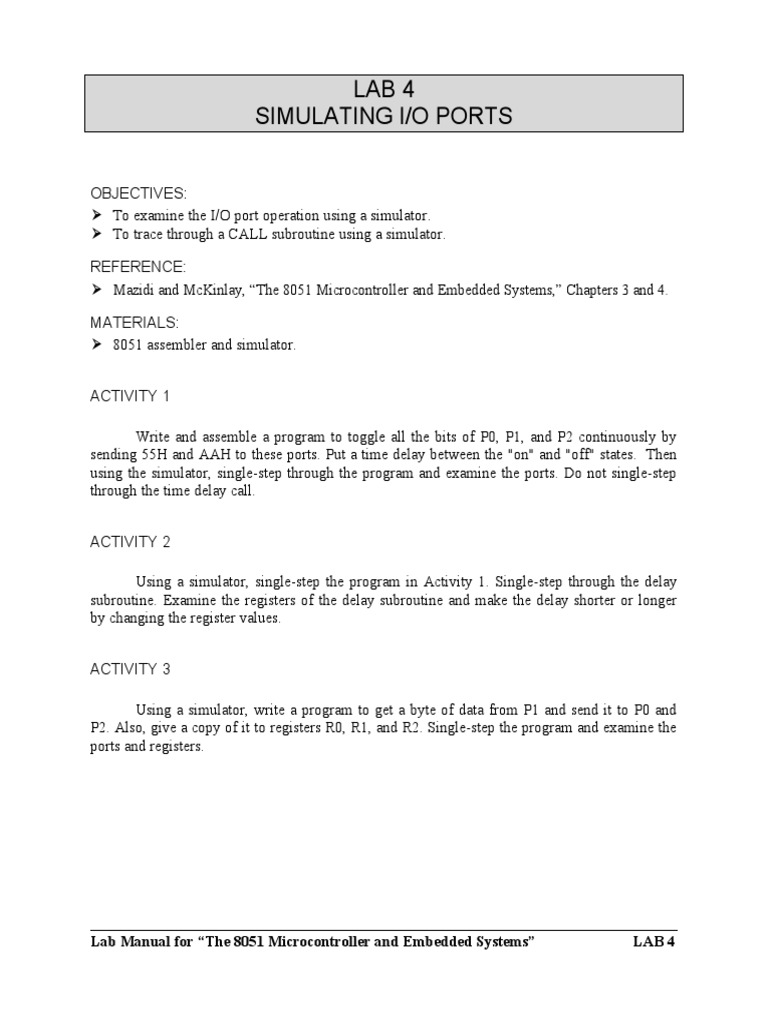 Lab 4 Simulating I/O Ports: Lab Manual For "The 8051 Microcontroller ...