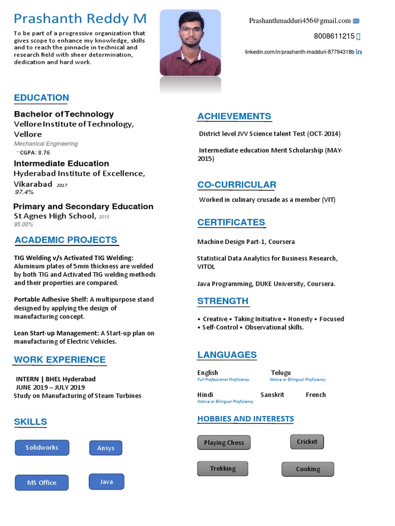 Prashanth Reddy M Resume Updated | PDF | Further Education | Science