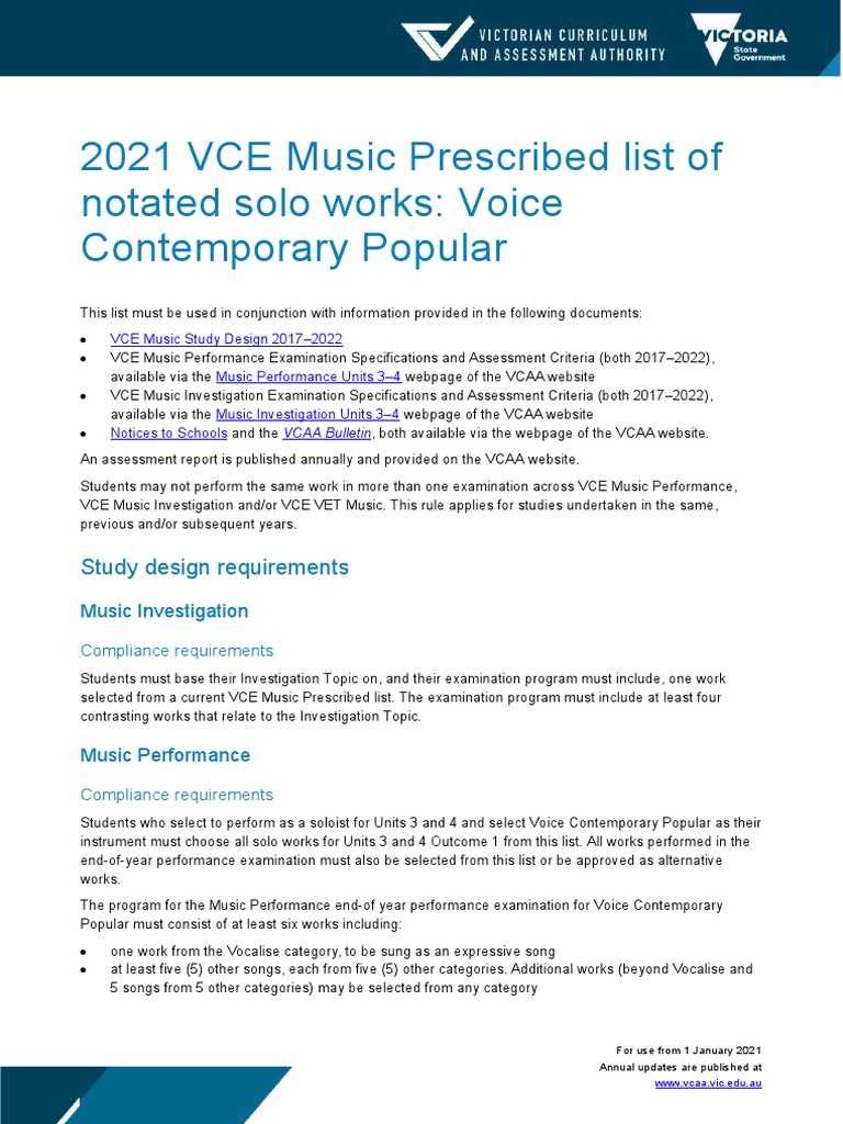 2021 VCE Music Prescribed List of Notated Solo Works: Voice ...