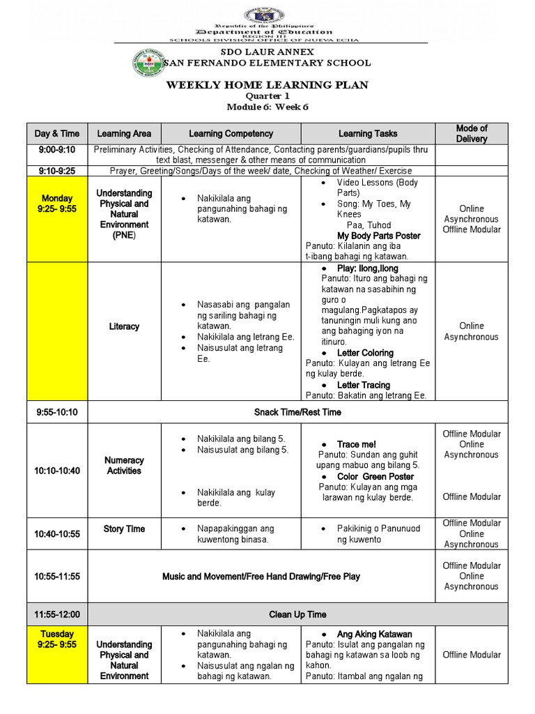 WEEk 6 KIndergarten Weekly Home Learning Plan | PDF