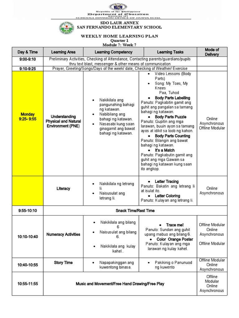 WEEk 7 KIndergarten Weekly Home Learning Plan | PDF