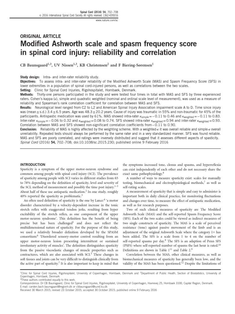 Modi Fied Ashworth Scale and Spasm Frequency Score in Spinal Cord ...