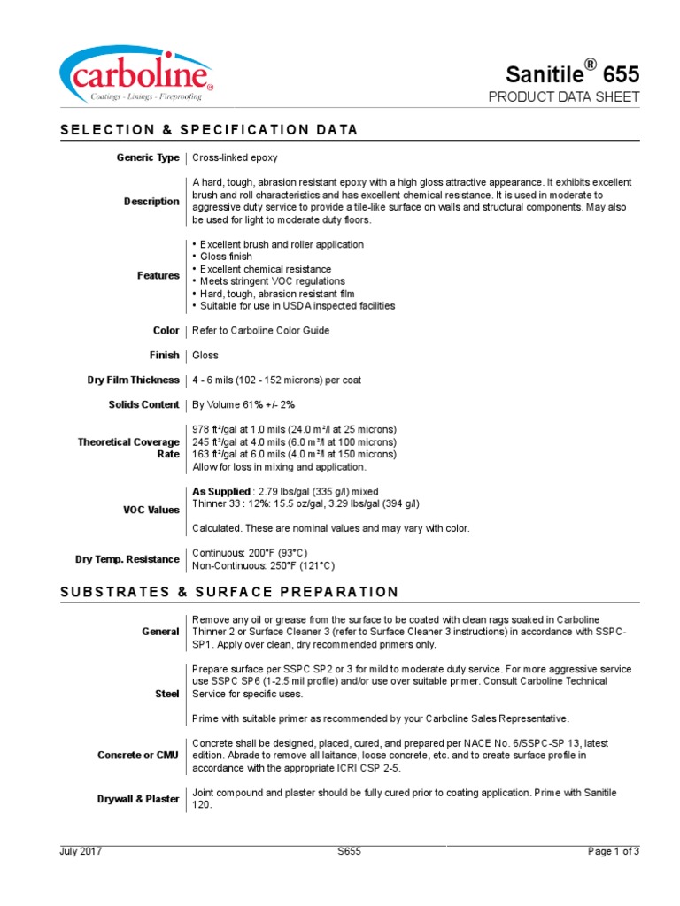 Sanitile 655: Selection & Specification Data | PDF | Guarantee | Humidity