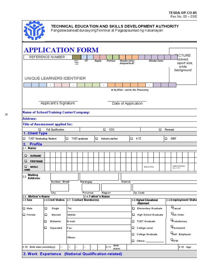 TESDA Application Form | PDF | Behavior Modification | Learning