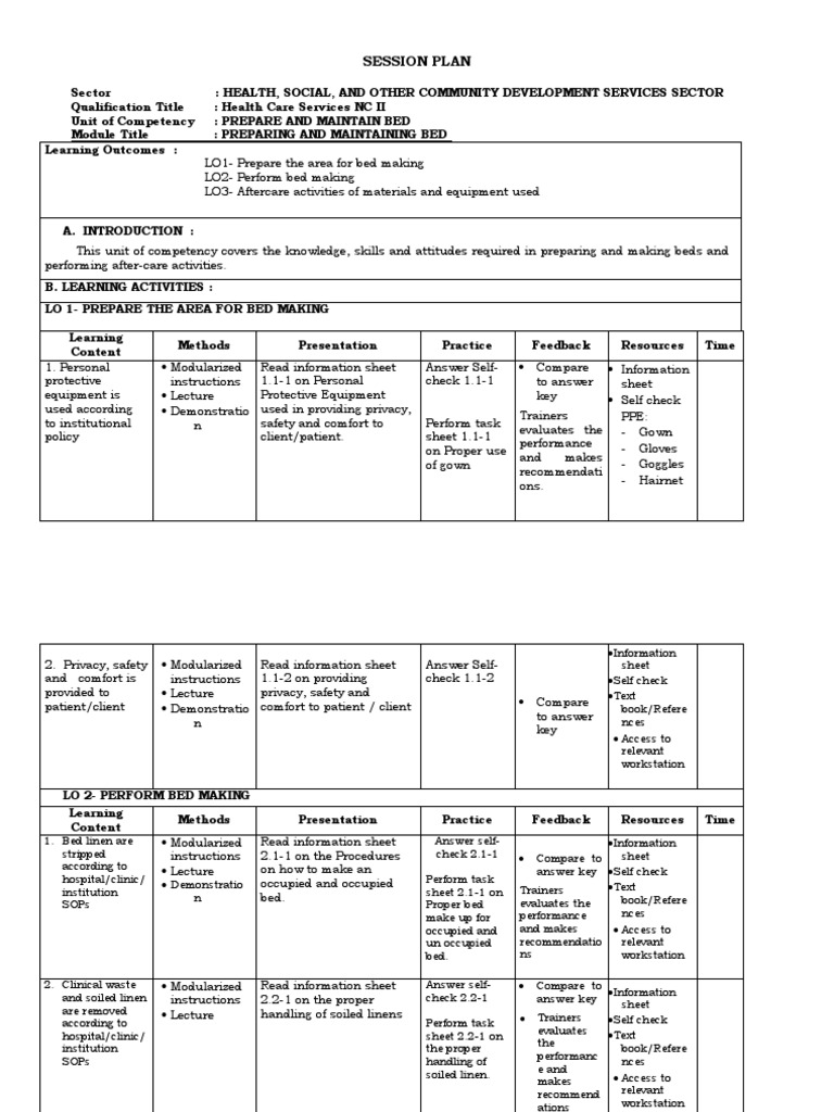Session PlaN - PREPARE AND MANTAIN BED | PDF | Lecture | Personal ...