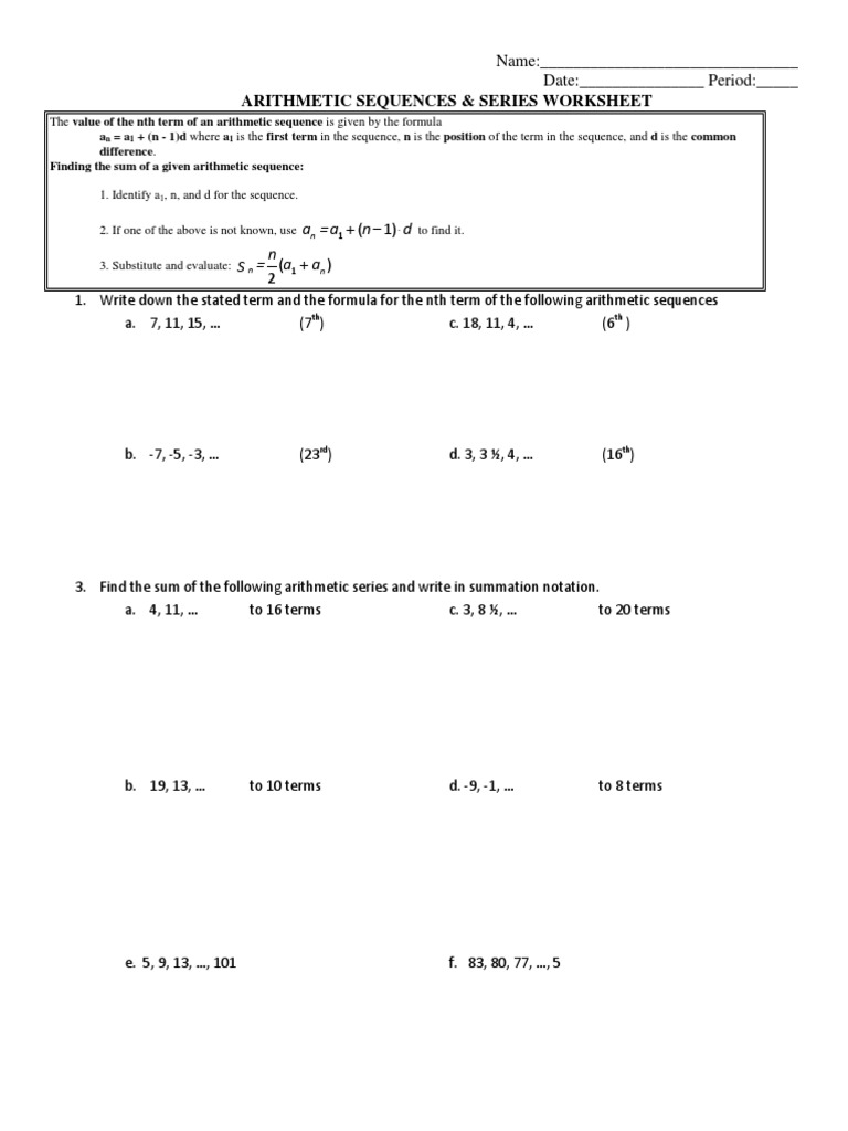 Arithmetic Sequences & Series Worksheet: A A N D N A A S | PDF | Teaching Methods & Materials