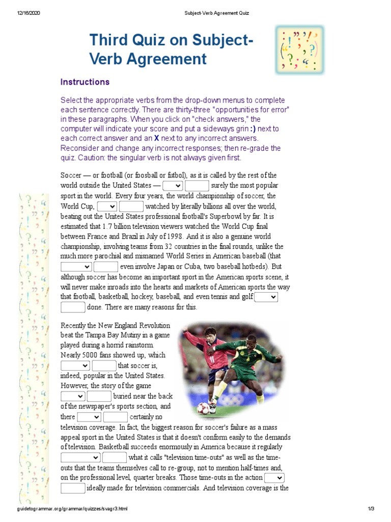 Subject-Verb Agreement Quiz | PDF | Leisure | Ball Games