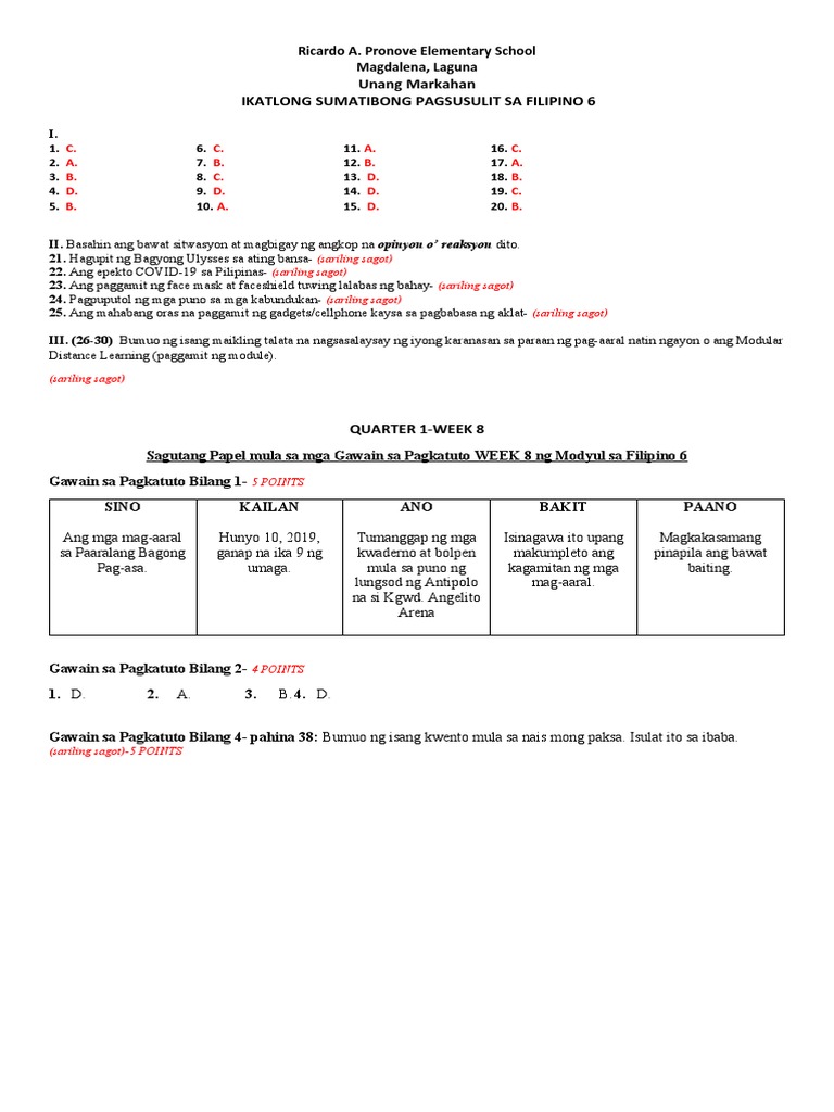 FILIPINO 6 WEEK 8 Answer Key | PDF