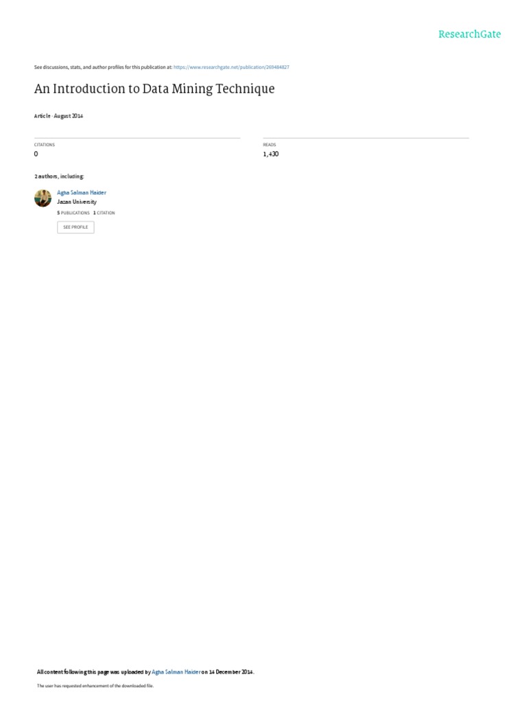 An Introduction To Data Mining Technique: August 2014 | PDF | Data Mining | Databases