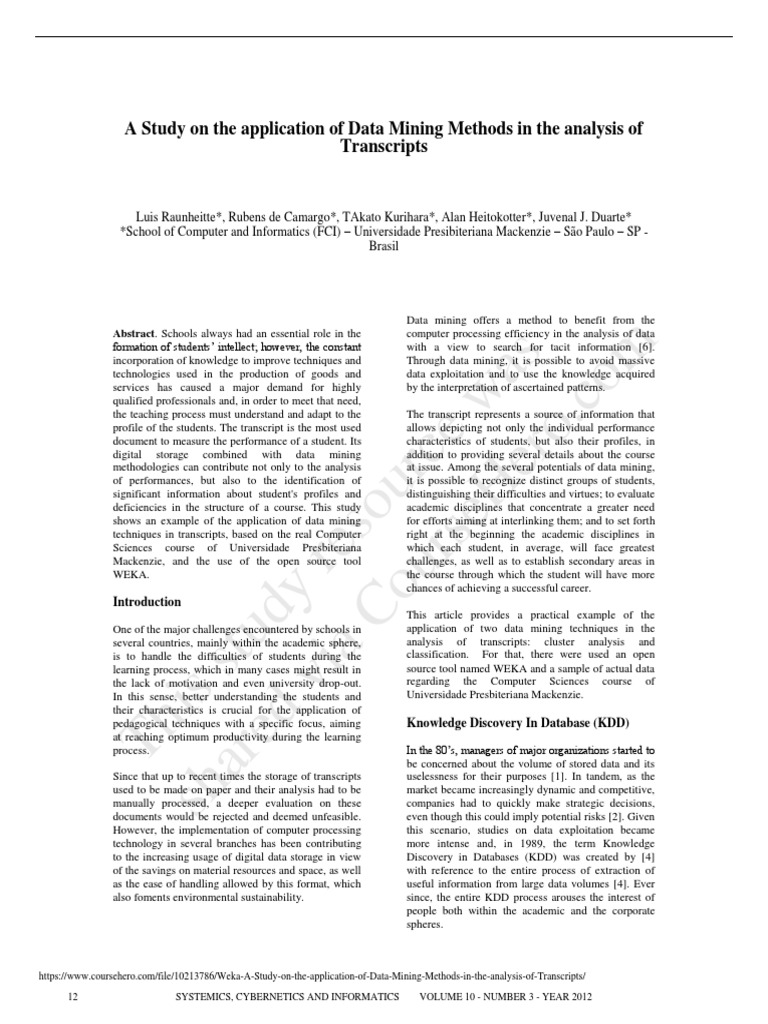 Weka A Study On The Application of Data Mining Methods in The Analysis of Transcripts | PDF ...