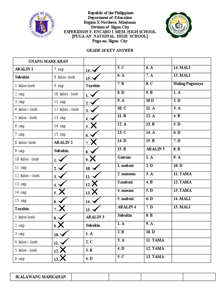 Grade 10 Key Answer | PDF
