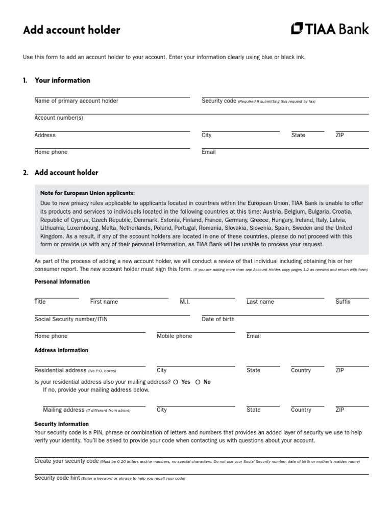 Add Account Holder Form for TIAA Bank | PDF | Credit History | Credit ...