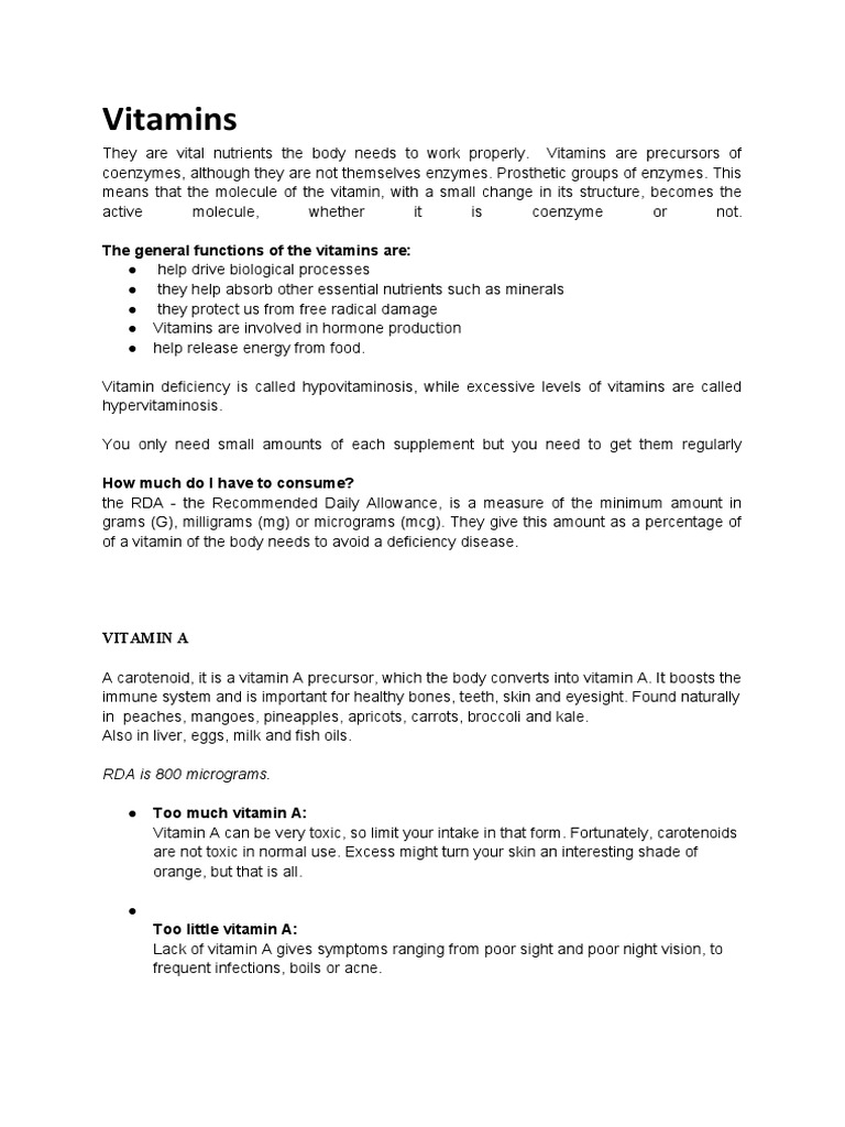 Vitamins: The General Functions of The Vitamins Are | PDF | Vitamin ...