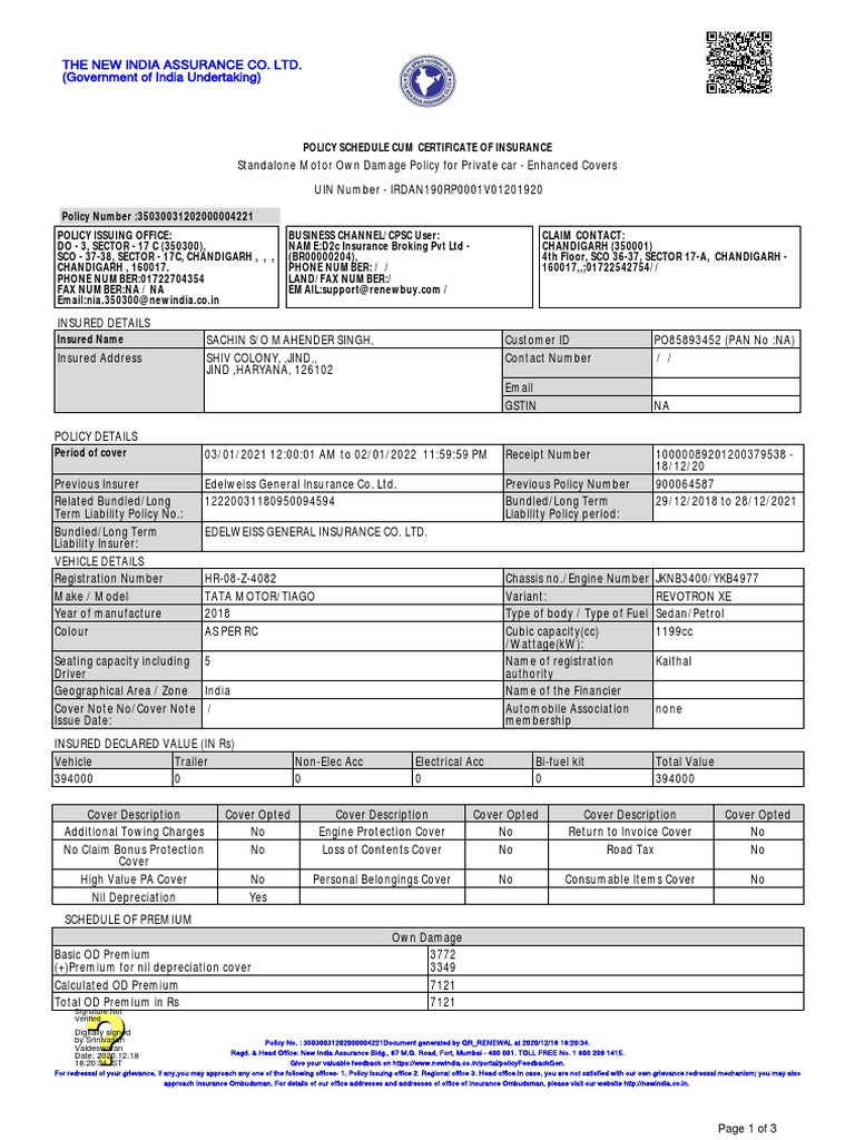 New India Assurance standalone motor policy for private car | PDF ...