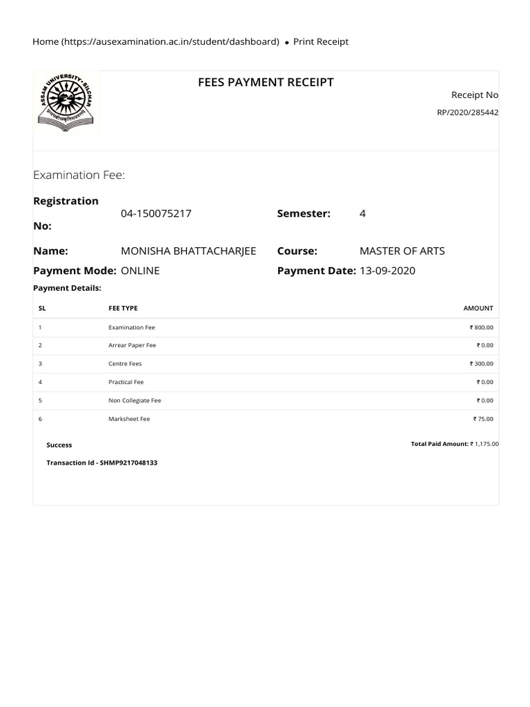 Examination Fee Payment Receipt | PDF