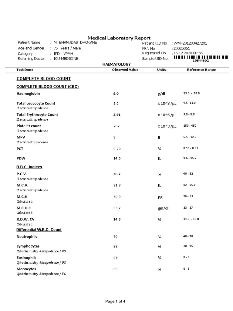 Medical Laboratory Report: Haemoglobin Total Leucocyte Count Total ...