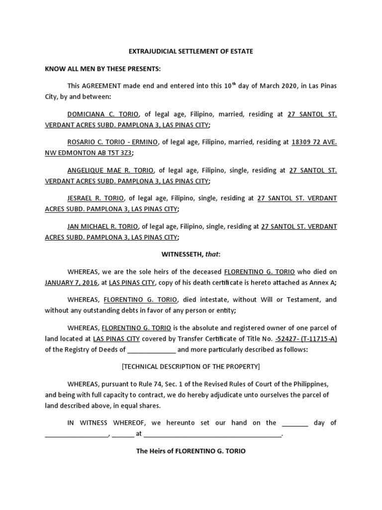 Extrajudicial Settlement of Estate | PDF | Law And Economics | Document