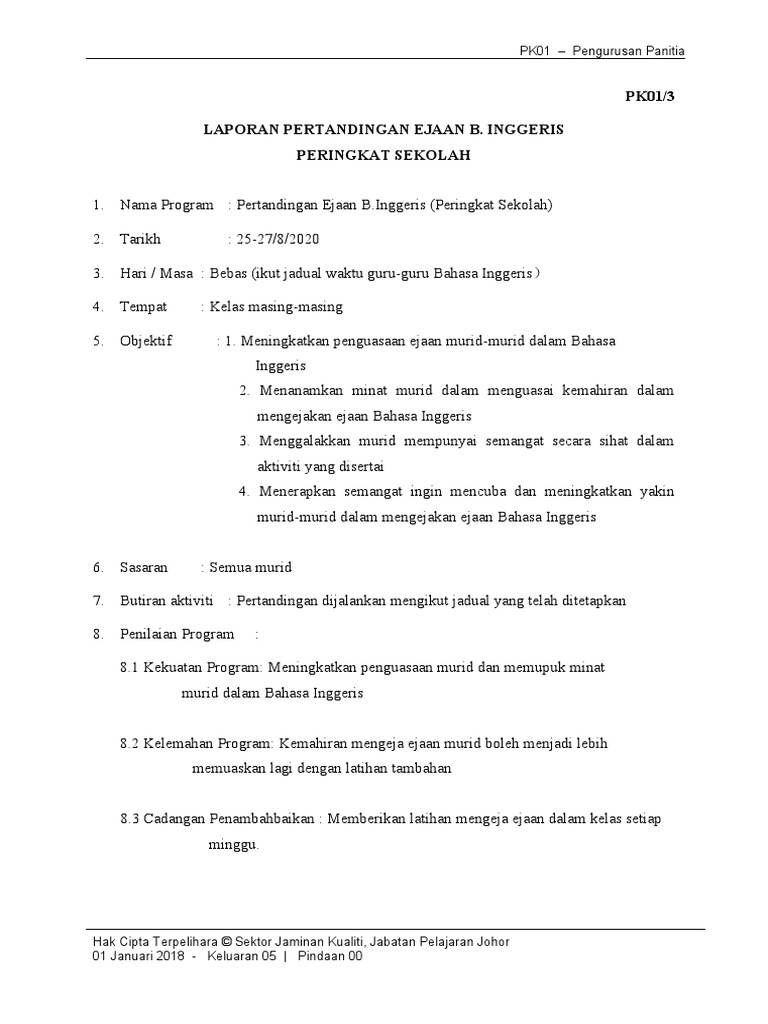 2020 Laporan Pertandingan Ejaan Bi | PDF