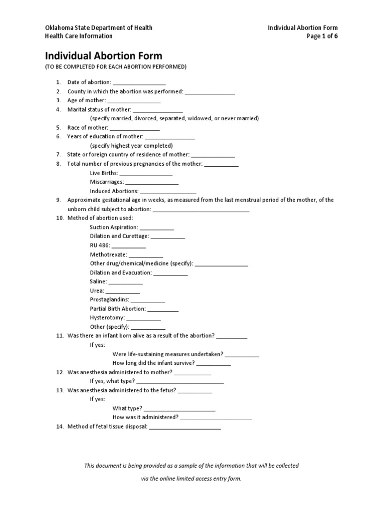 Oklahoma State Department of Health Individual Abortion Form Health ...