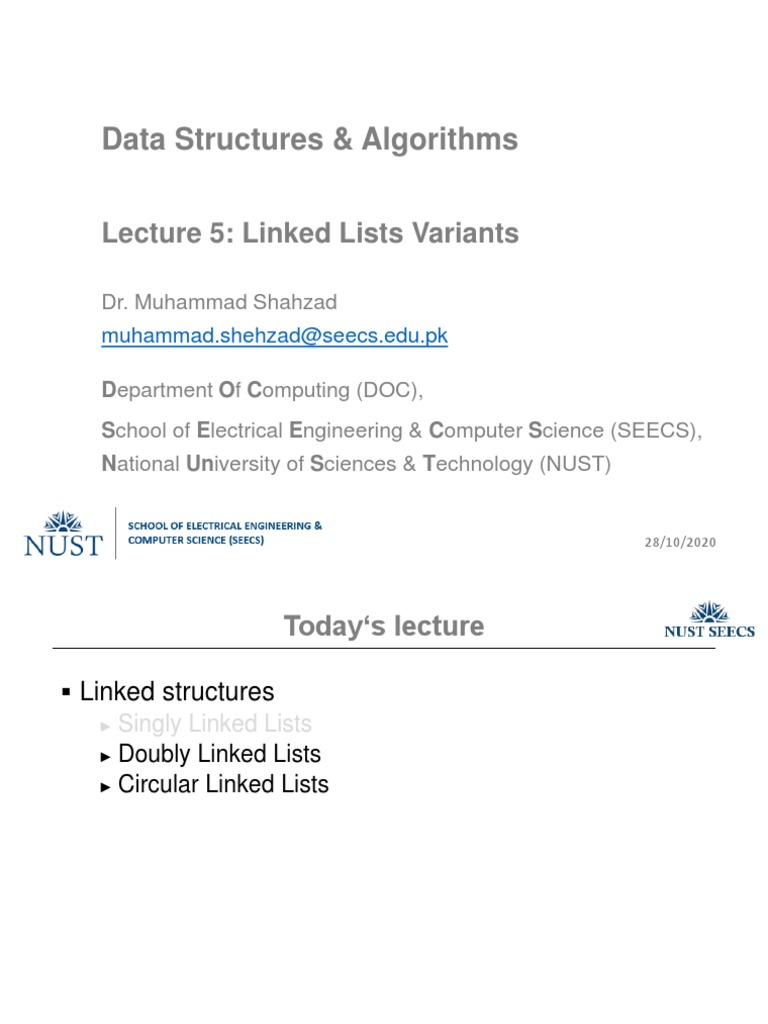 Data Structures And Algorithms Lecture 5 Linked Lists Variants Pdf