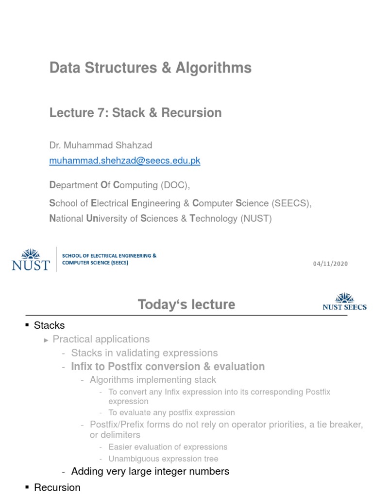 Data Structures And Algorithms Lecture 7 Stack And Recursion Pdf Subroutine Discrete Mathematics 